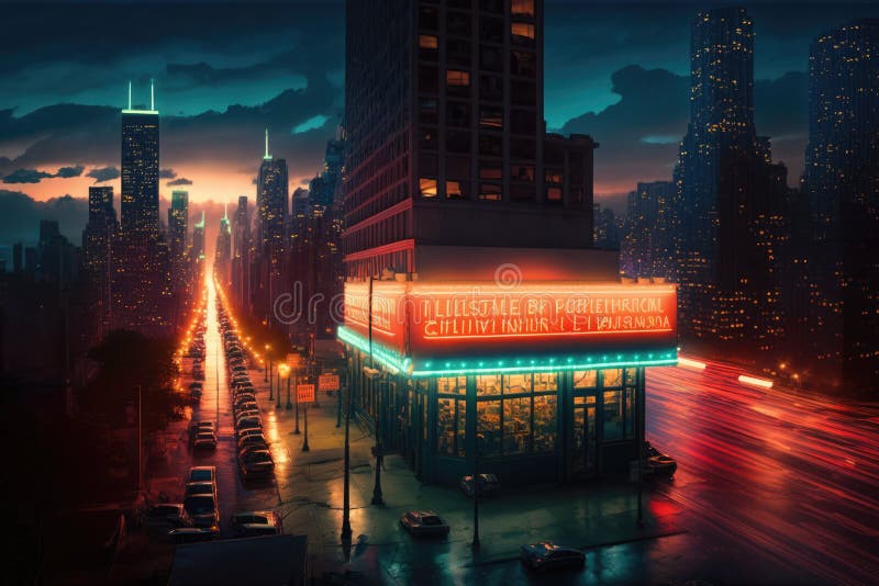 Cityscape with Lit Streets and Neon on Building, Created Using ...