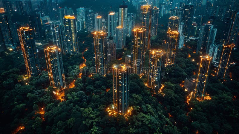 A Cityscape Lit Up at Night with Trees in the Background, AI Stock ...