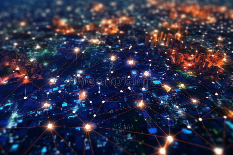 A Cityscape with Many Connected Lines and Dots Stock Illustration ...