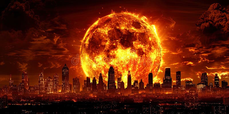 A Cityscape with a Massive Orange Fireball at Its Center Stock ...