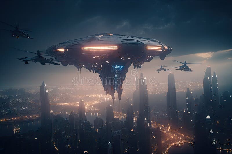 Cityscape with Massive Spaceship Hovering Above, Ready To Take Off ...