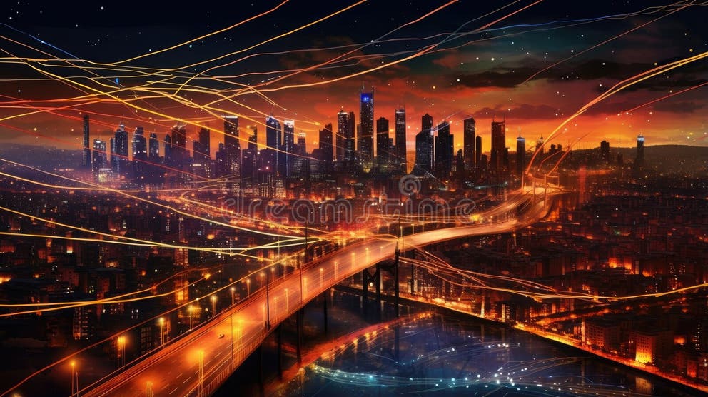 A Cityscape Merging with Interconnected Data Lines, Representing the ...