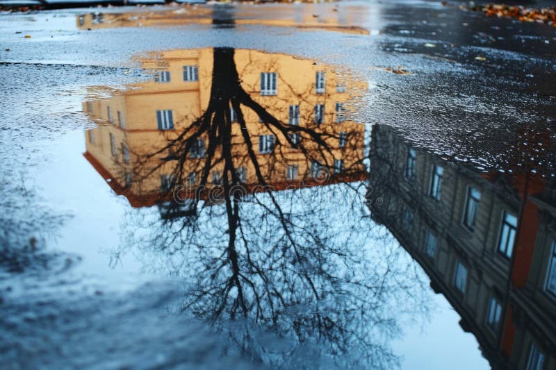 Cityscape Mirrored in Puddle after Rain, Showing Buildings and Tree ...