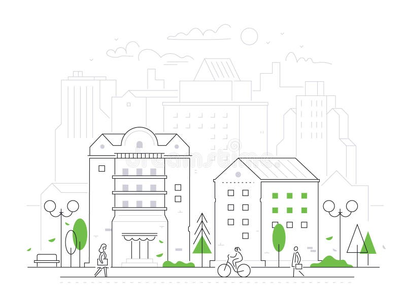 Cityscape with Modern Architecture - Thin Line Design Style Vector ...