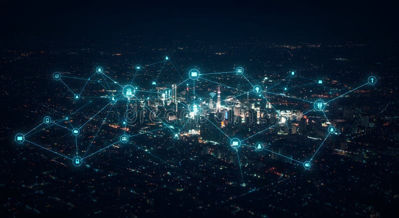 Cityscape Network Connecting Digital Nodes, Showcasing Global ...