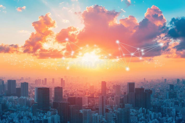 Cityscape with Network Overlays Connect Future and Skyline Stock ...