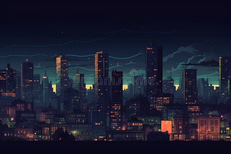 Cityscape at Night with Buildings and Skyscrapers. Vector Illustration ...
