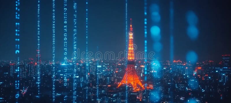 Cityscape at Night with Famous Landmark Tower, Network Connection and ...