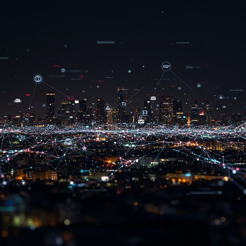 A Cityscape at Night Features a Sprawling Network of Interconnected ...