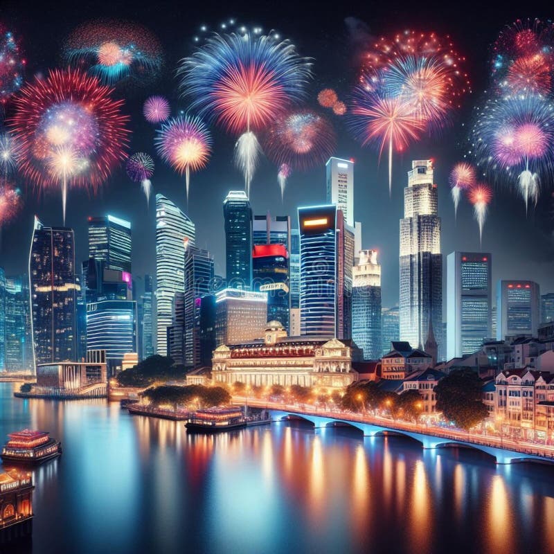 A Cityscape at Night with Fireworks Exploding Over the Buildings. Stock ...
