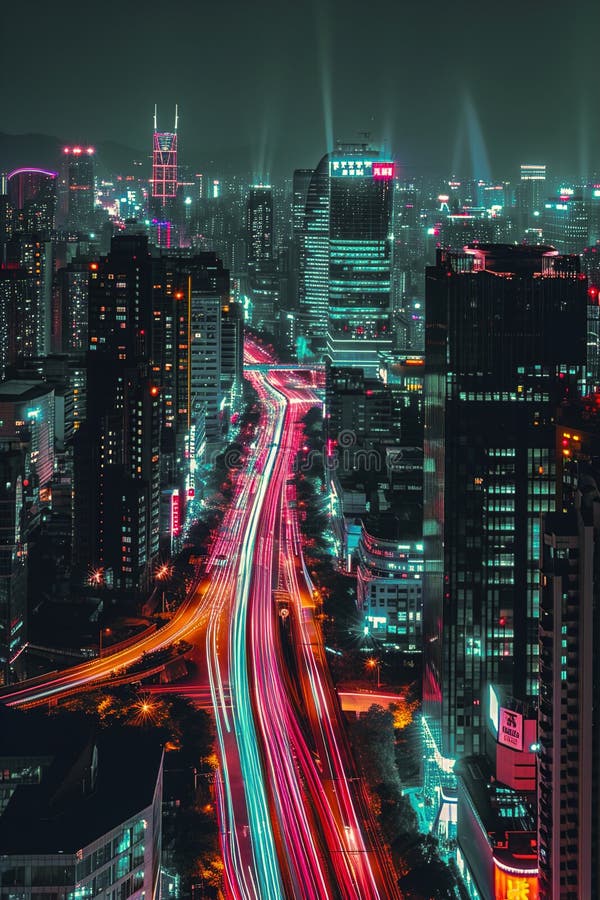 A Cityscape at Night with High-tech Lighting Effects Stock Illustration ...