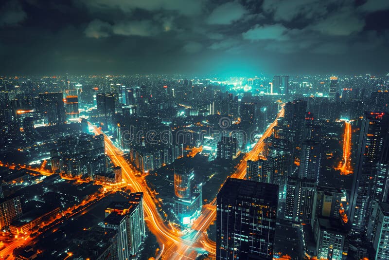 A Cityscape at Night with High-tech Lighting Effects Stock Illustration ...