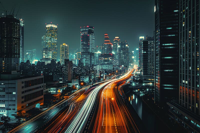 A Cityscape at Night with High-tech Lighting Effects Stock Illustration ...