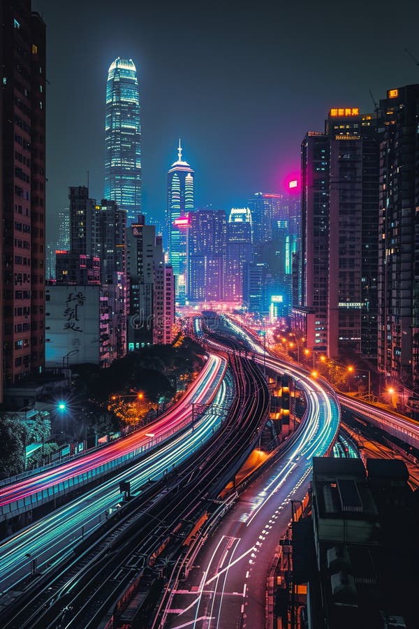 A Cityscape at Night with High-tech Lighting Effects Stock Illustration ...