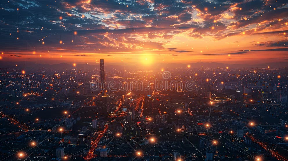 Cityscape at Night with Light Connectivity Data Grid from Above Stock ...