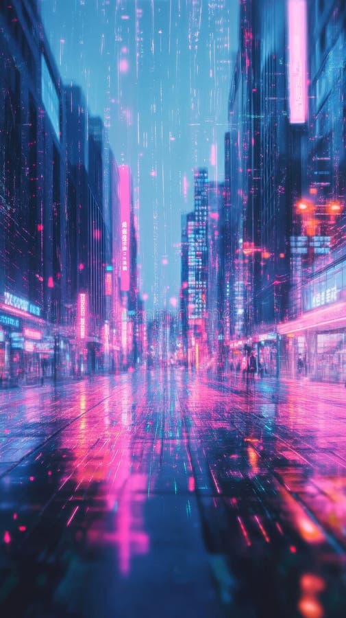 Cityscape Night with Neon Lights and Digital Rain, Cyberpunk Cityscape ...