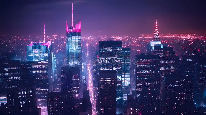 Cityscape at Night with Neon Lights and Skyscrapers Stock Illustration ...