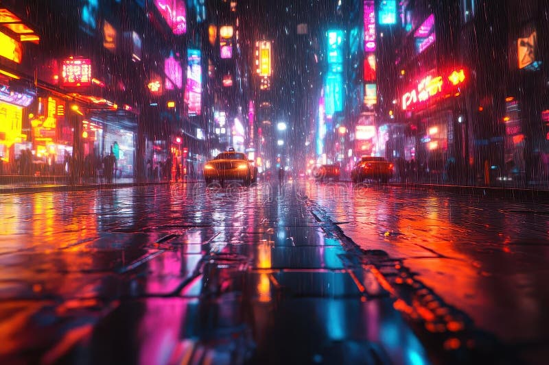 Cityscape at Night with Rain and Neon Lights Reflecting on Wet Pavement ...