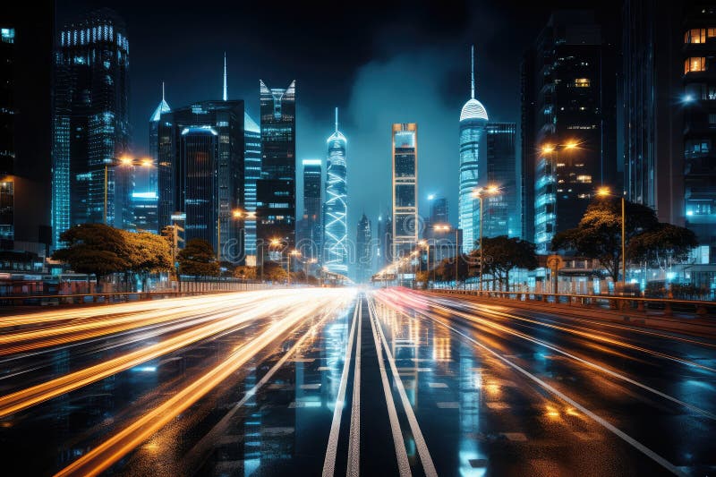 Cityscape at Night with Streaks of Light Resembling the Light Speed ...