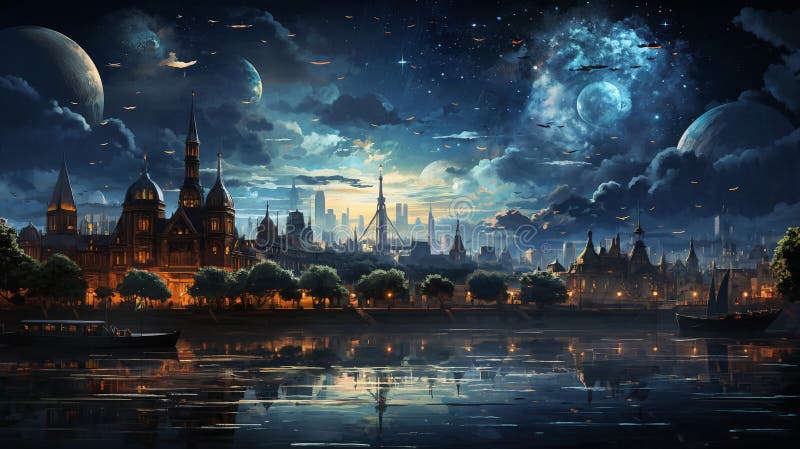 Cityscape at Night, Street Lights Reflected in Water, Random People ...