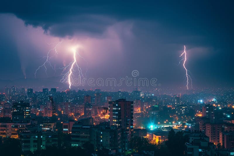 Cityscape at Night with Two Lightning Strikes Creating Dramatic Scenery ...