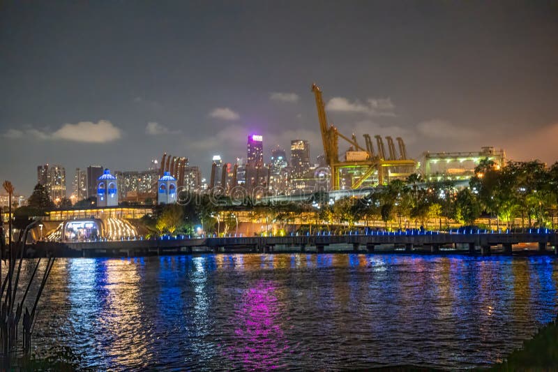 Cityscape Night View from Sentosa Boardwalk in Singapore Stock Image ...