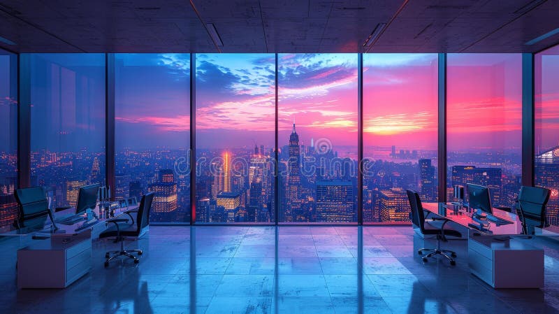 Cityscape Office with Sunset View - Generative Ai Stock Illustration ...