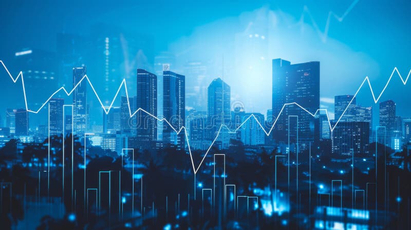 Cityscape Overlaid with a Graphical Representation of a Stock Market ...