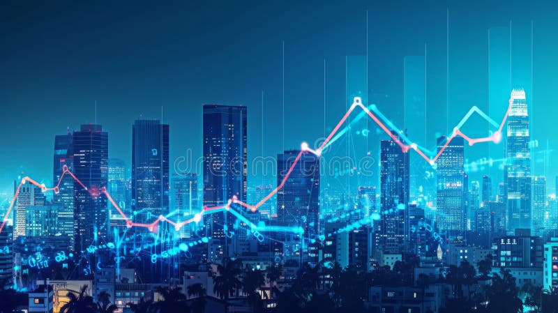 Cityscape Overlaid with a Graphical Representation of a Stock Market ...