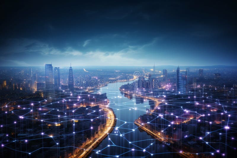 Cityscape Overview Digital Network Lines Connect Urban Structures ...