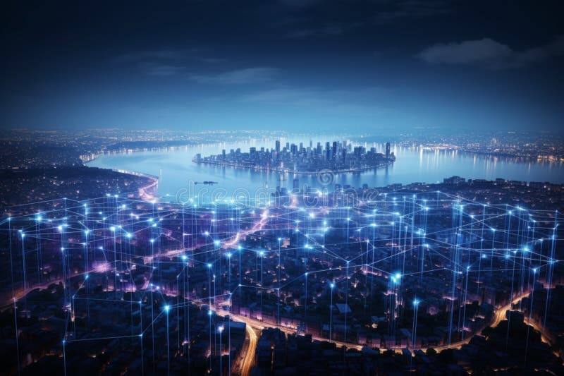 Cityscape Overview Digital Network Lines Connect Urban Structures ...