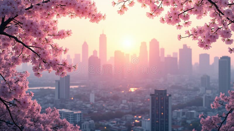 Cherry Blossoms Framing City Skyline at Sunset Stock Illustration - Illustration of light, blur ...