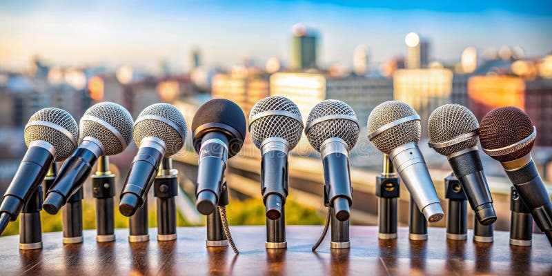 Cityscape Press Conference Row of Microphones Ready for the Interview ...
