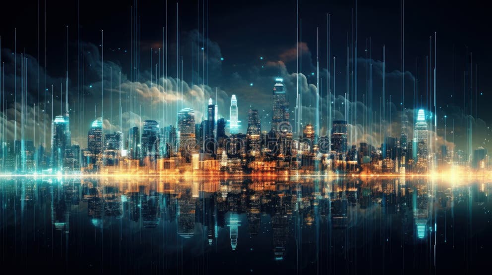 A Cityscape with Rain Falling from the Sky Stock Illustration ...