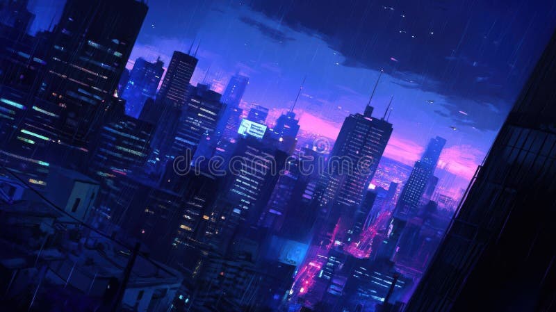 Cityscape in Rain with Purple Sunset and Flying Objects. Cyberpunk ...