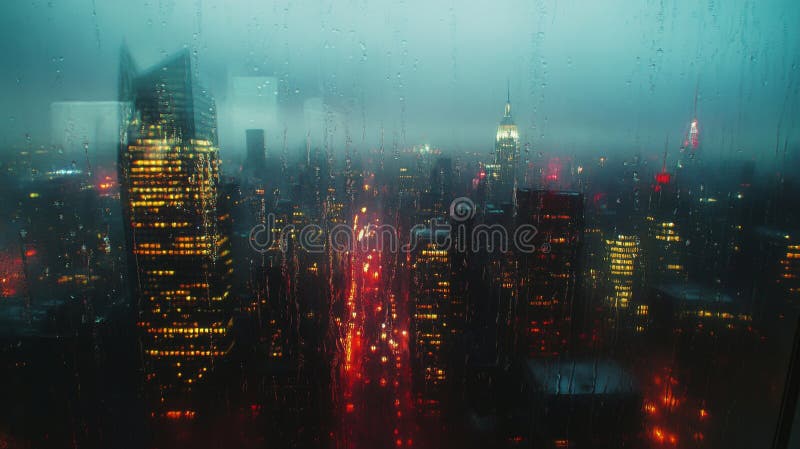Cityscape through a Rain-Streaked Window at Night Stock Illustration ...