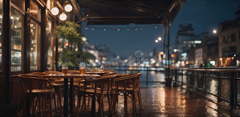 Cityscape, Rainy Evening on the Street with a Cafe. Stock Illustration ...