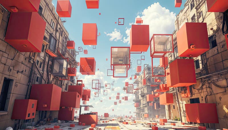 Cityscape with Red Cubes Flying in the Sky Stock Illustration ...