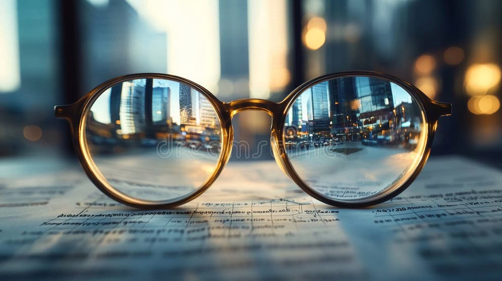Cityscape Reflected in Eyeglasses on Document, Focus Concept Stock ...