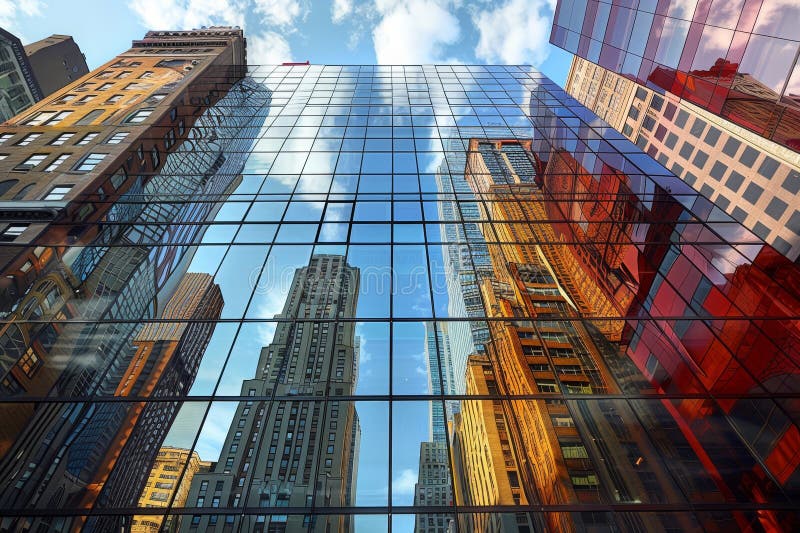 Cityscape Reflected on Sunset Mirrored Window with Towering Skyscrapers ...