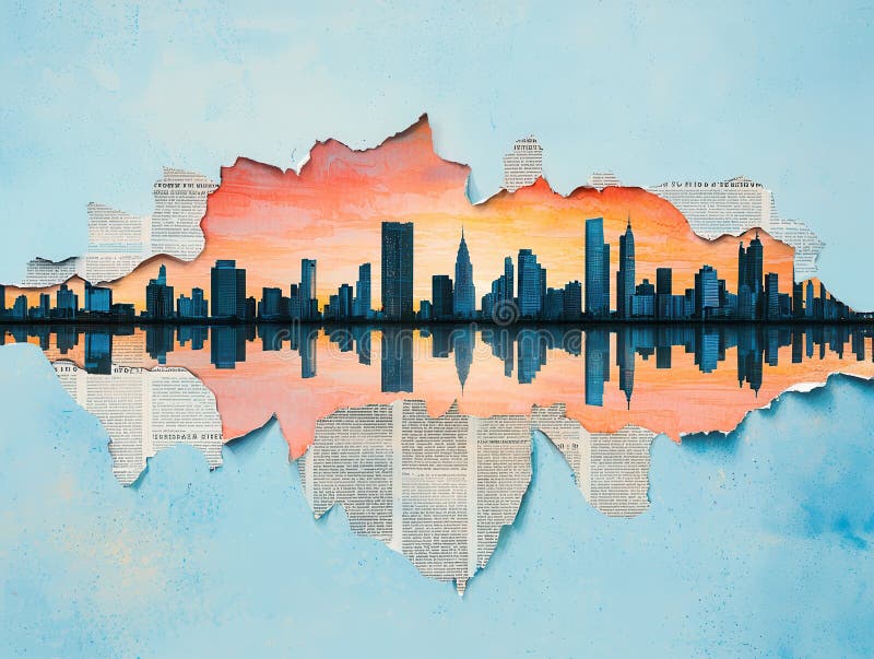 A Cityscape Reflected in a Torn Newspaper Page Blending Reality with ...