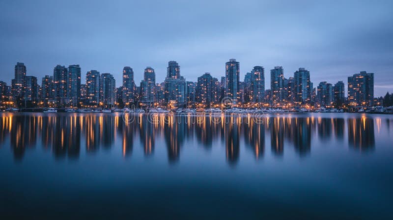 Cityscape Reflection with Boats at Dusk Stock Illustration ...