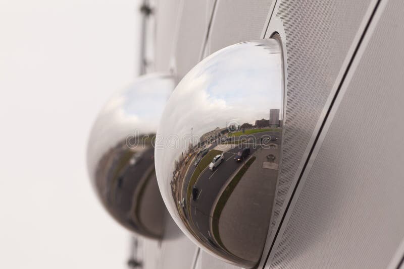 Cityscape Reflection in Metal Sphere Facade Detail Stock Image - Image ...
