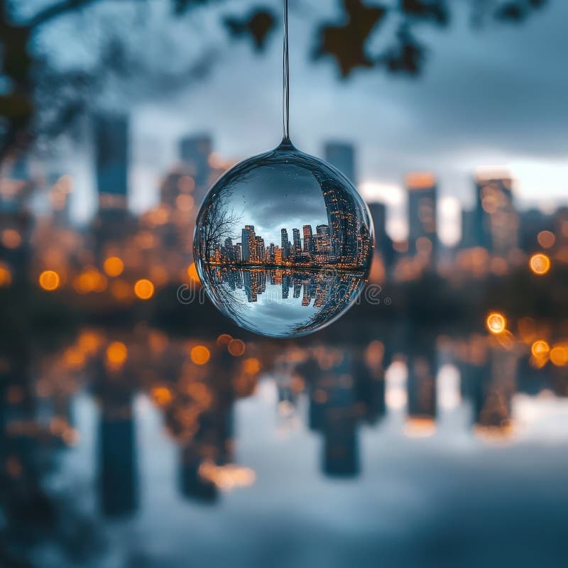 Cityscape Reflection in Raindrop at Twilight Stock Image - Image of ...
