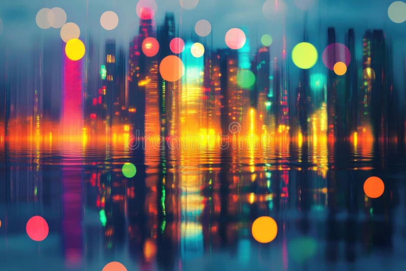 Cityscape Reflections, Night Lights Dance on Water Stock Illustration ...
