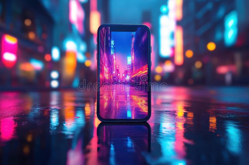 Cityscape Reflections in a Smartphone Screen with Neon Lights and Rain ...