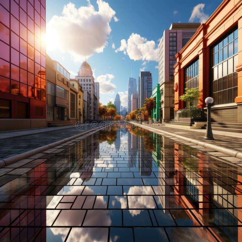 Cityscape with Reflections and Vibrant Color Blocks, Blending Realistic ...
