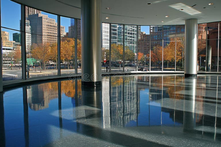 Cityscape Reflects Inside Lobby with Column and Windows with Autumn ...