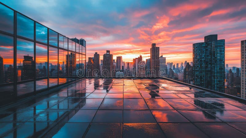 Cityscape Rooftop Sunset Reflection Panorama Stock Illustration ...