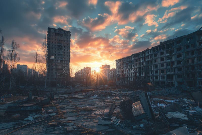 A Cityscape with Ruined Buildings and Structures during Sunset Stock ...